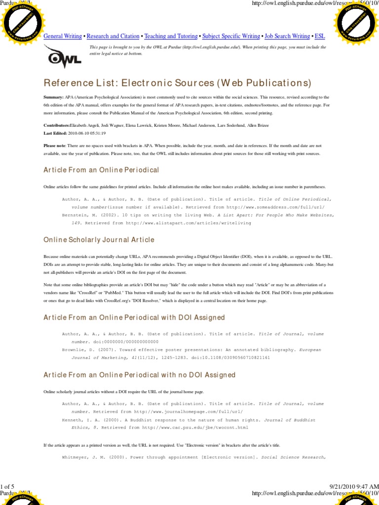 Reference List: Electronic Sources (Web Publications) : Article From An ...