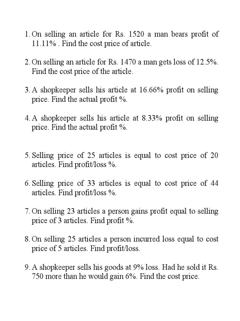 Find Cost Price, Selling Price, Profit/Loss Percentage Word Problems ...