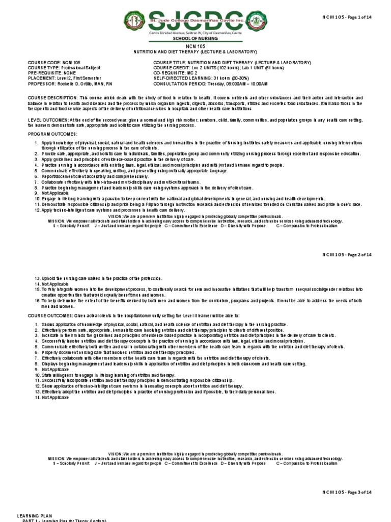 NCM 105 - Nutrition & Diet Therapy (Lec & Lab) | PDF | Nursing ...