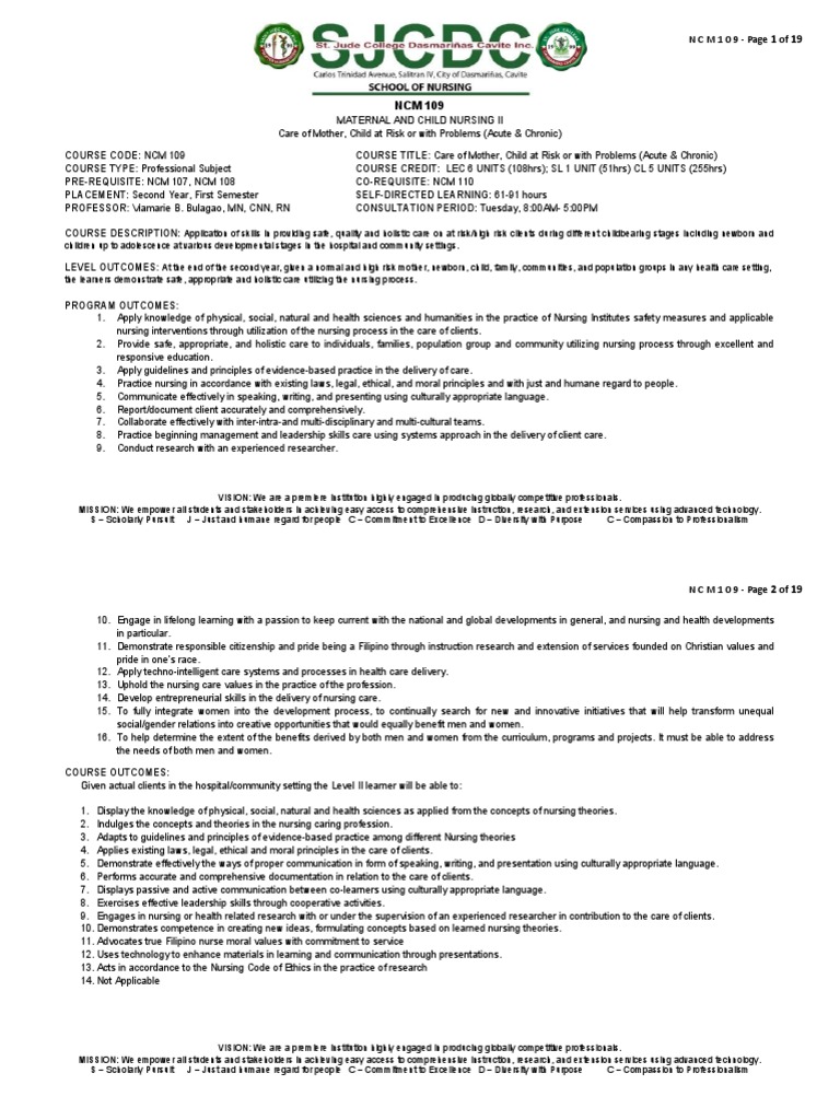 NCM 109-Care of Mother and Child at Risk or With Problems (Acute and ...