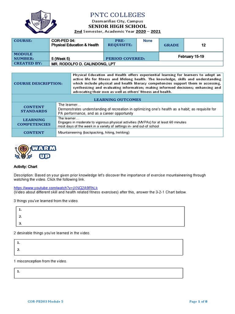 PNTC Senior High: Physical Education Module | PDF | Mountaineering | Hiking