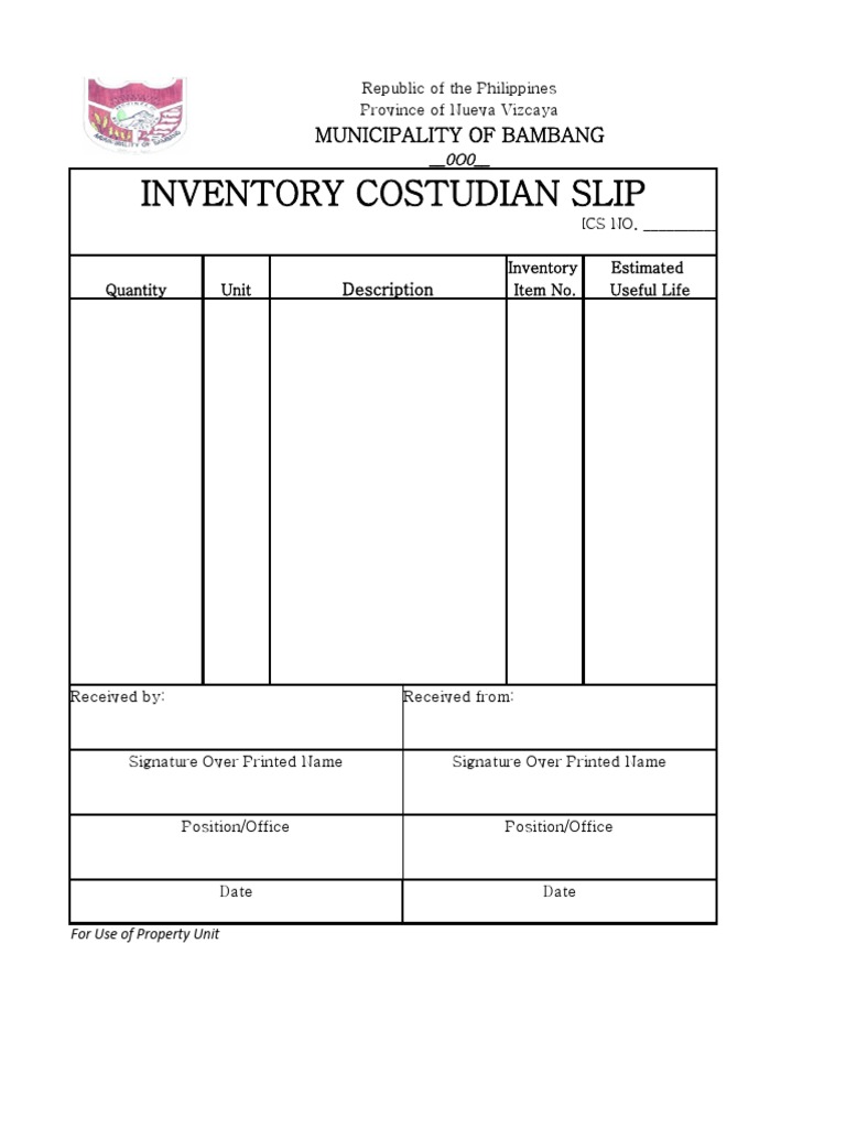 Inventory Costudian Slip for Municipal Government of Bambang, Nueva ...