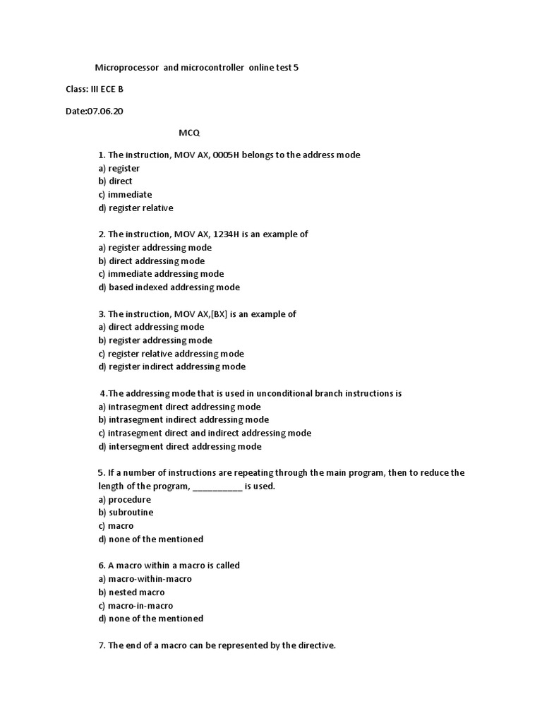 Microprocessor and Microcontroller MCQ 6 | PDF | Central Processing ...