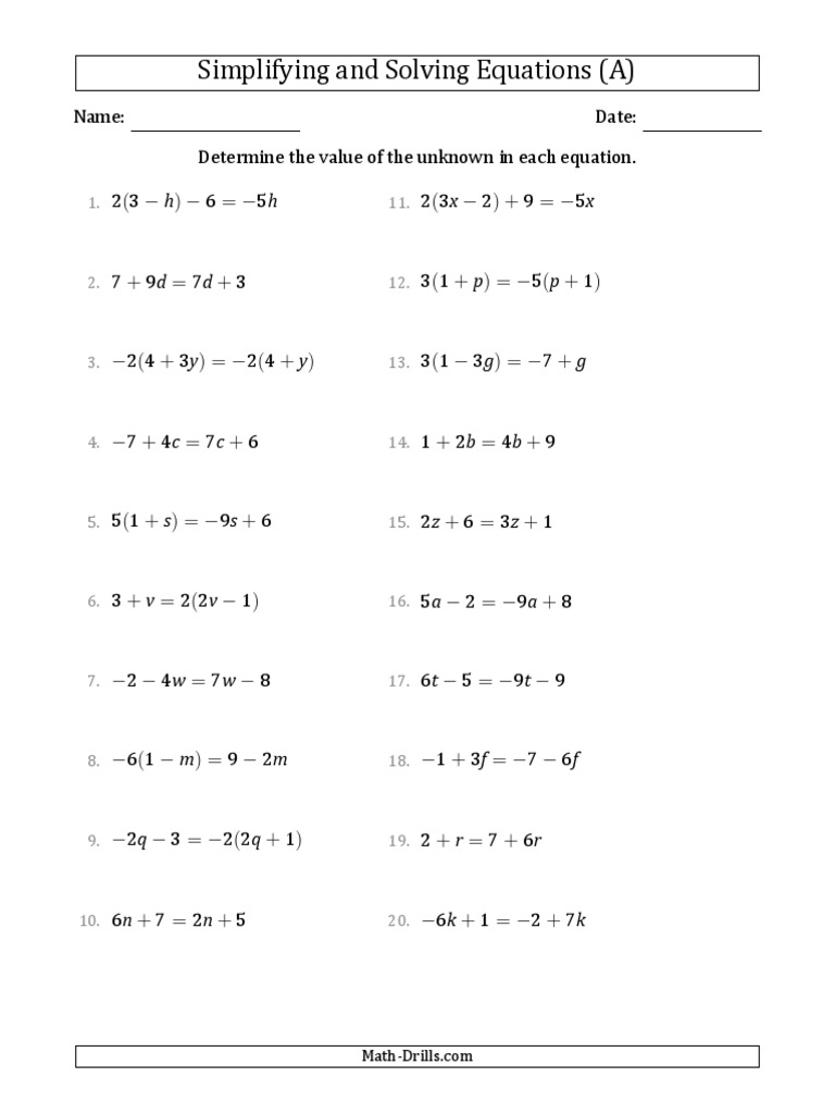 Simplifying and Solving Equations (A) | PDF