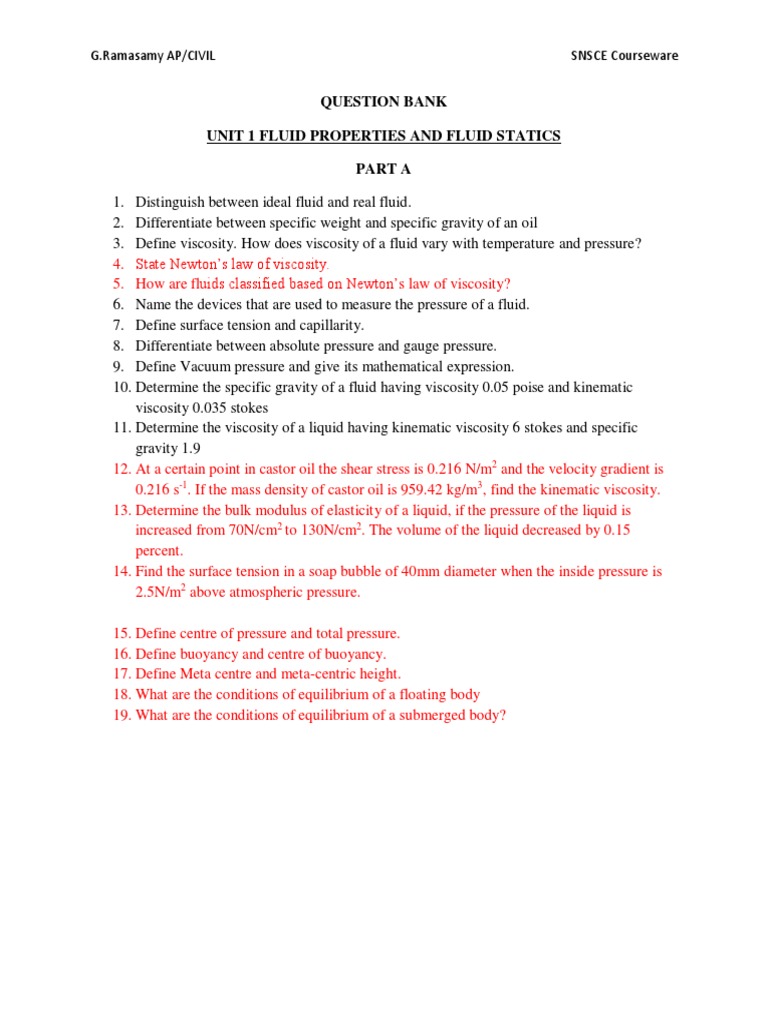 Question Bank Unit 1 Fluid Properties and Fluid Statics Part A | PDF ...