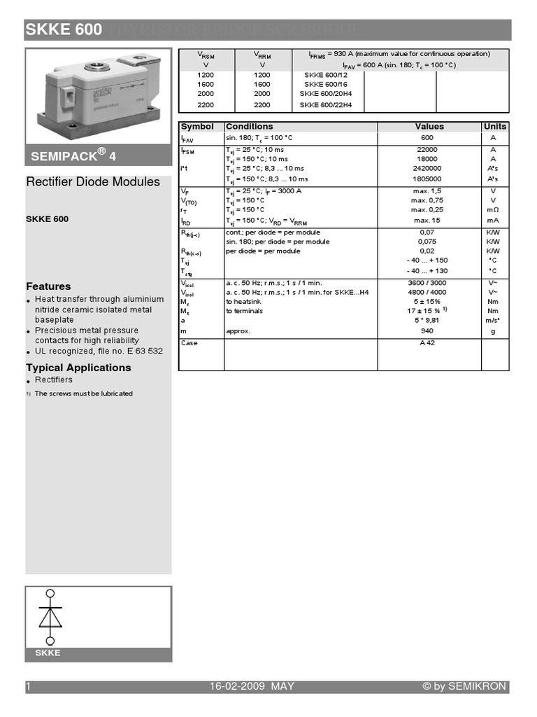 Thyristor Bridge, SCR, Bridge: SKKE 600 | PDF | Electric Power ...