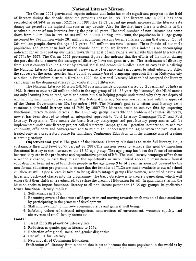 National Literacy Mission Overview | PDF | Literacy | Adult Education