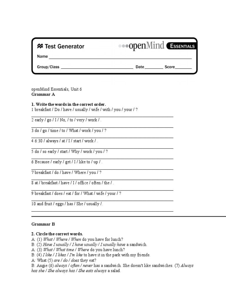 Openmind Essentials Unit 6 Pdf Download Free Pdf Drink Lunch