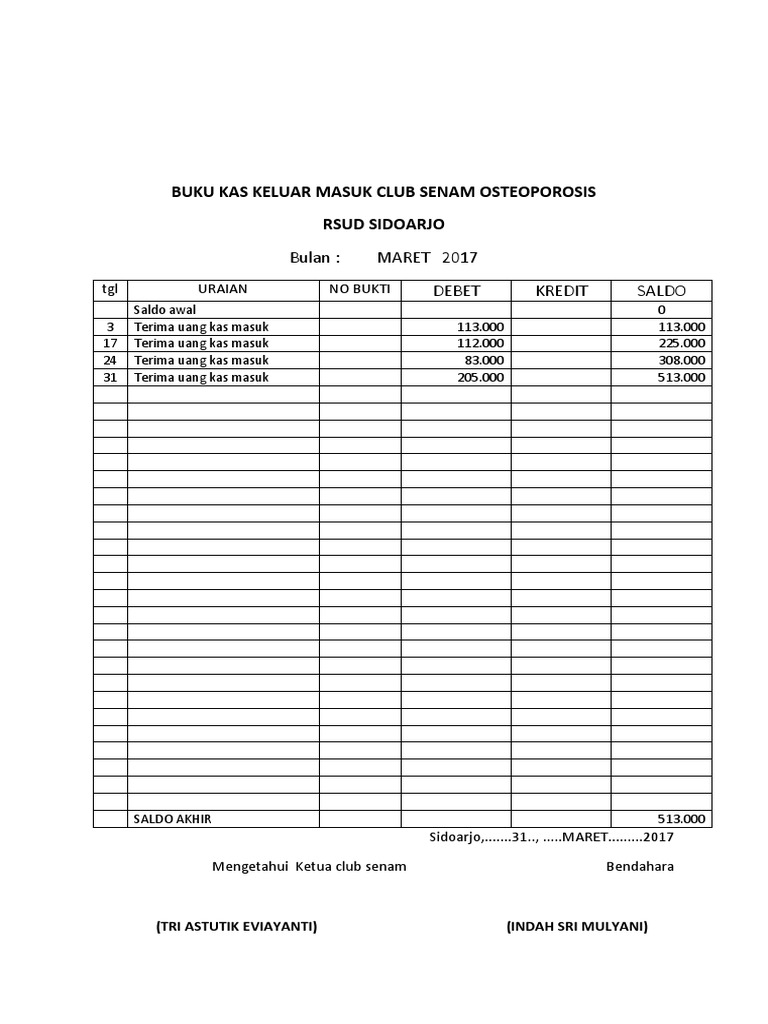 Buku Kas Masuk Keluar Club Senam | PDF