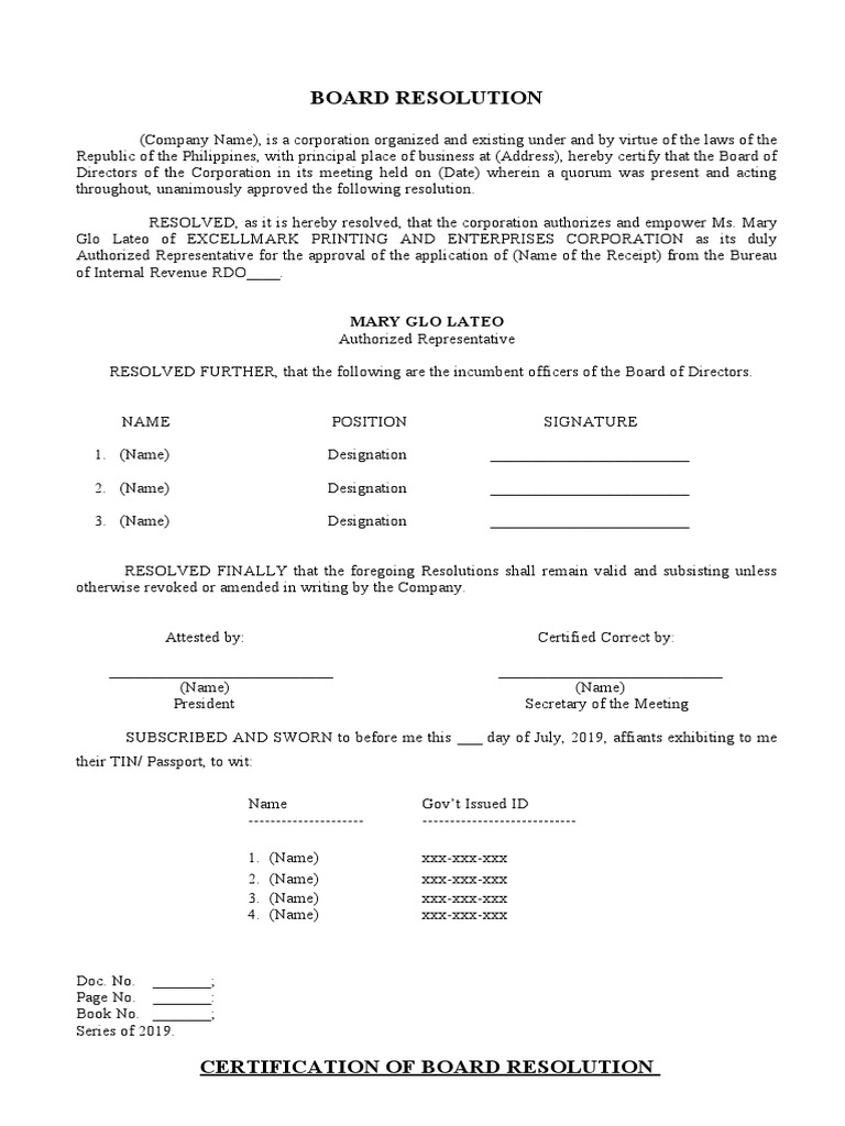 Board Resolution Secretary Certificate - Mary Glo Lateo | PDF | Social ...