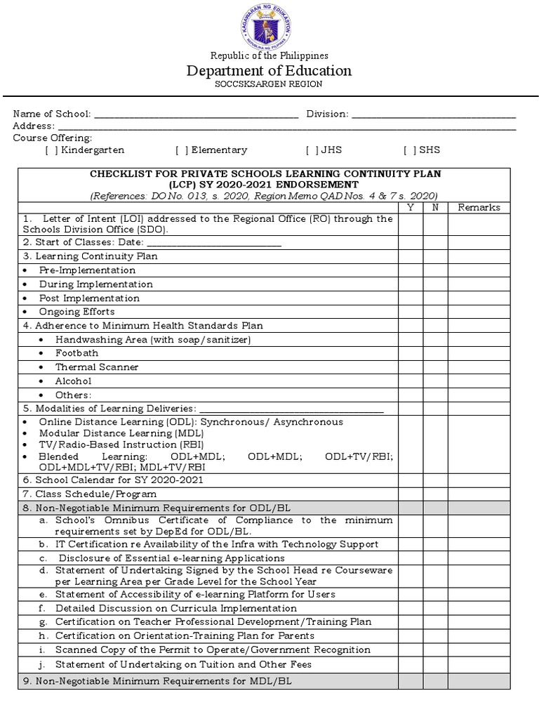 DepEd SOCCSKSARGEN LCP Checklist | PDF | Educational Technology ...
