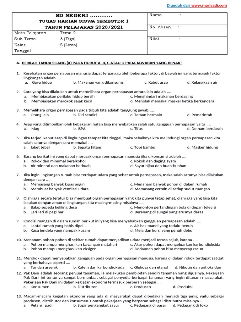 Soal Tugas Harian Kelas 5 Tema 2 - 3 | PDF