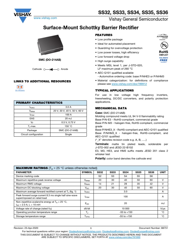 SS32, SS33, SS34, SS35, SS36: Vishay General Semiconductor | PDF ...