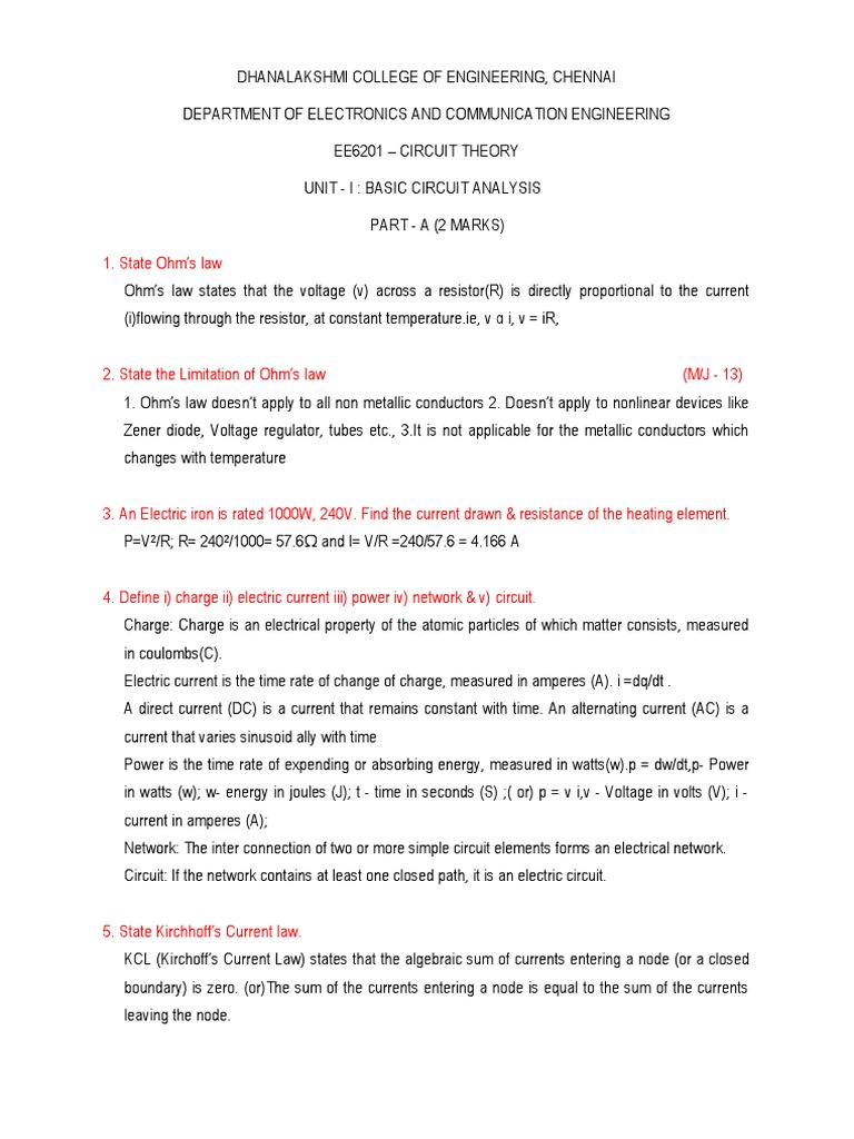 Ciruit Theory-Eee-Part A Univ - Questions | PDF | Inductance | Inductor