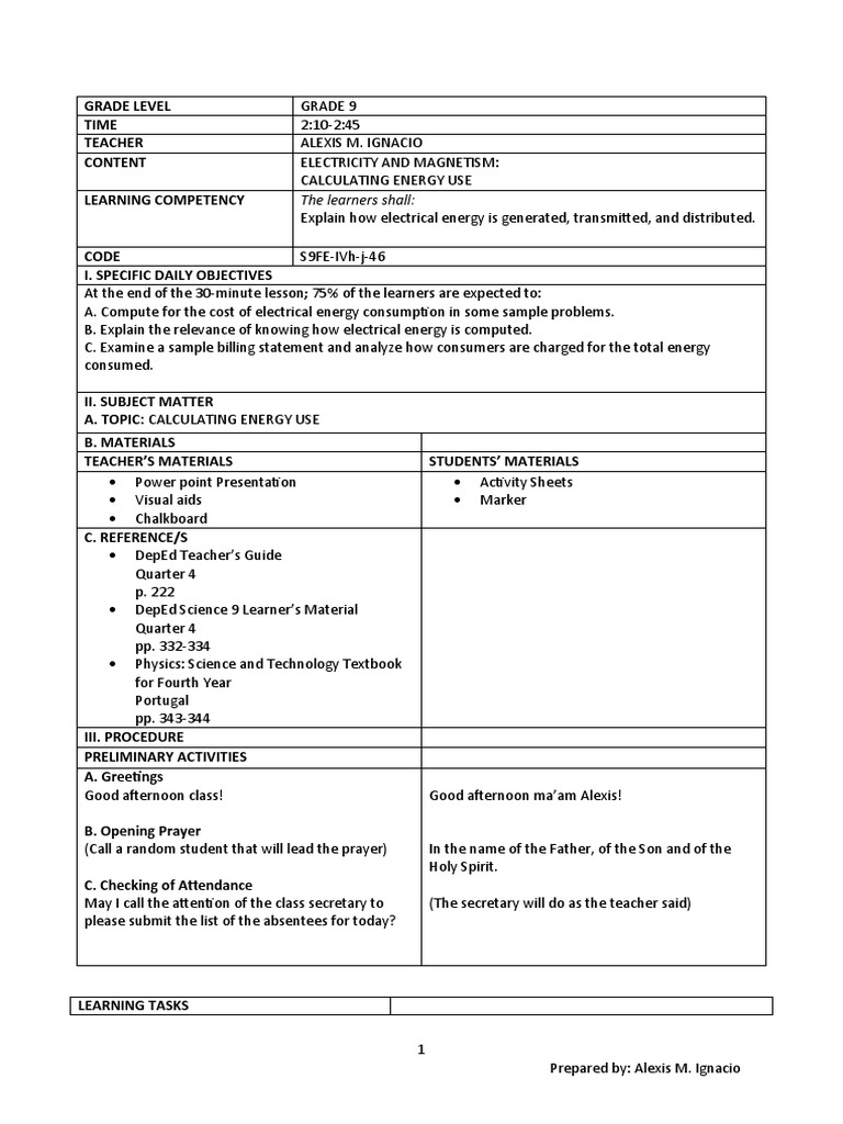 Detailed Lesson Plan Energy Consumption (Grade 9) | Download Free PDF ...