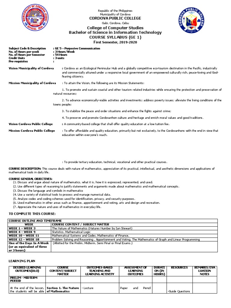 Purposive Communication Syllabus | PDF | Statistics | Teaching Mathematics
