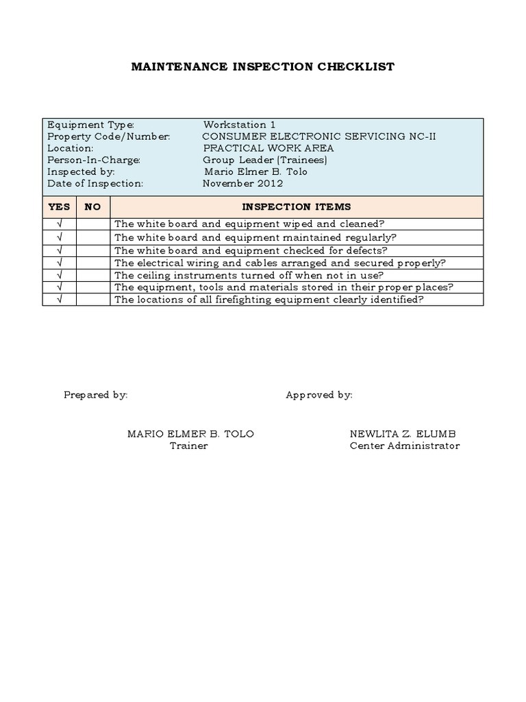 Maintenance Inspection Checklist Workstation 1 | PDF