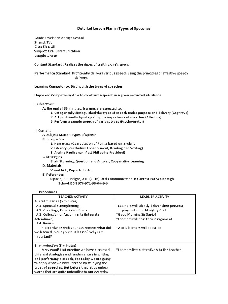 Detailed Lesson Plan in Types of Speeches | PDF | Lesson Plan | Literacy