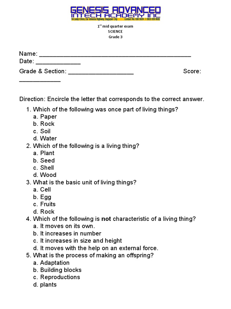 1 Mid Quarter Exam Science Grade 3 | PDF