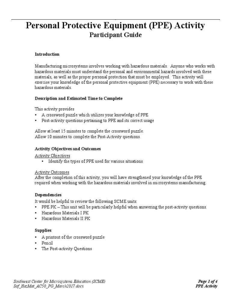 Personal Protective Equipment (PPE) Activity: Participant Guide | PDF ...