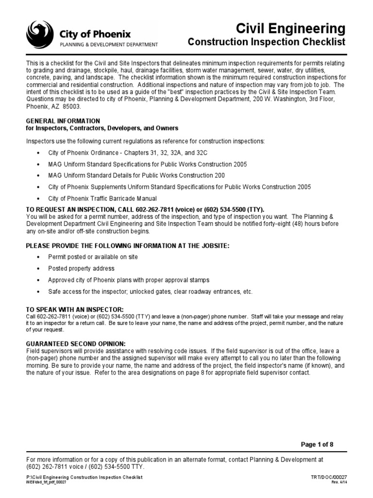 Civil Engineering Construction Inspection Checklist | PDF | Drainage ...