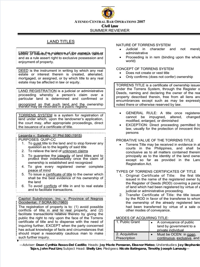 Lands, Titles and Deeds Reviewer (Ateneo) | PDF | Title (Property) | Deed