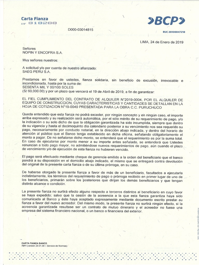 Carta Fianza BCP | PDF