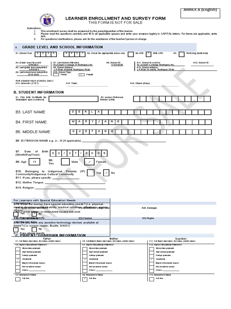 Learner Enrollment and Survey Form: Grade Level and School Information ...