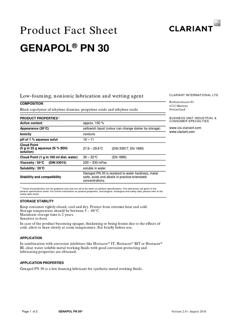 Clariant TDS GENAPOL PN 30 20180927 EN | PDF | Corrosion | Lubricant