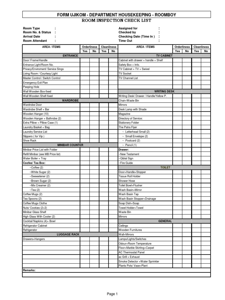 Form Ujikom - Department Housekeeping - Roomboy Room Inspection Check ...
