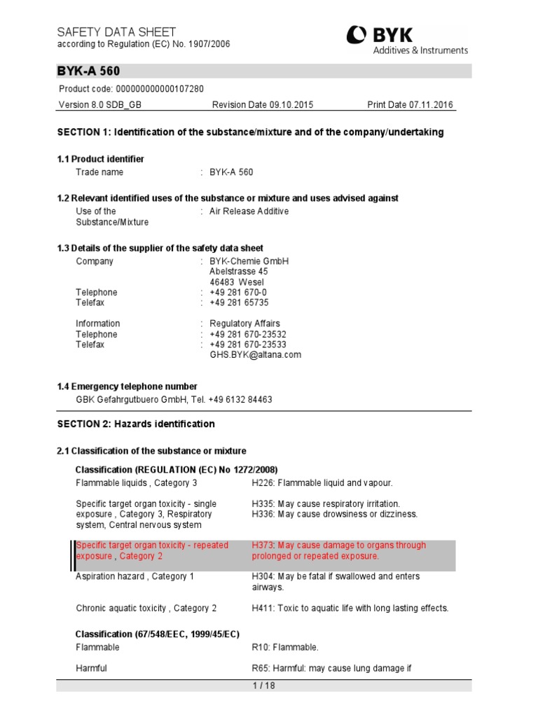 MSDS - Byk-A 560 | PDF | Toxicity | Dangerous Goods