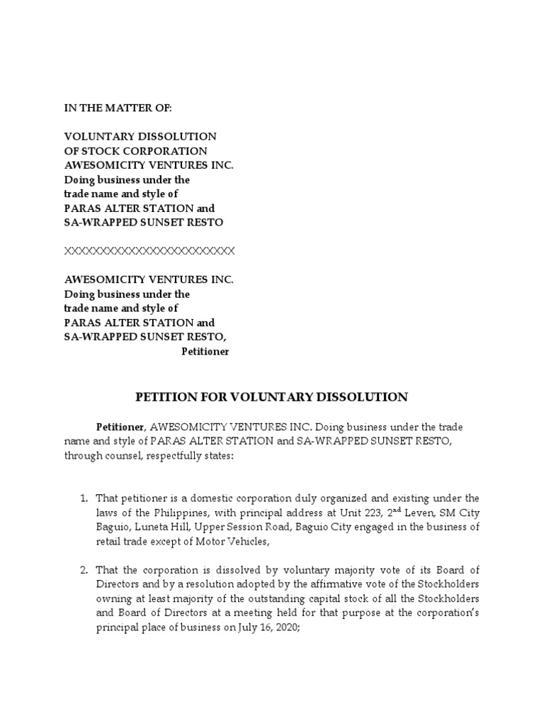 Petition For Voluntary Dissolution - AVI | PDF | Corporations | Legal Concepts