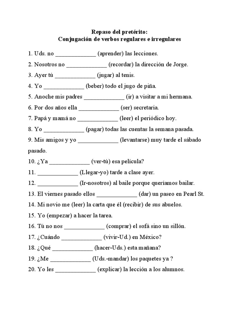 Pretérito - Conjugación de Irregulares y Regulares - Llenar Espacios | PDF