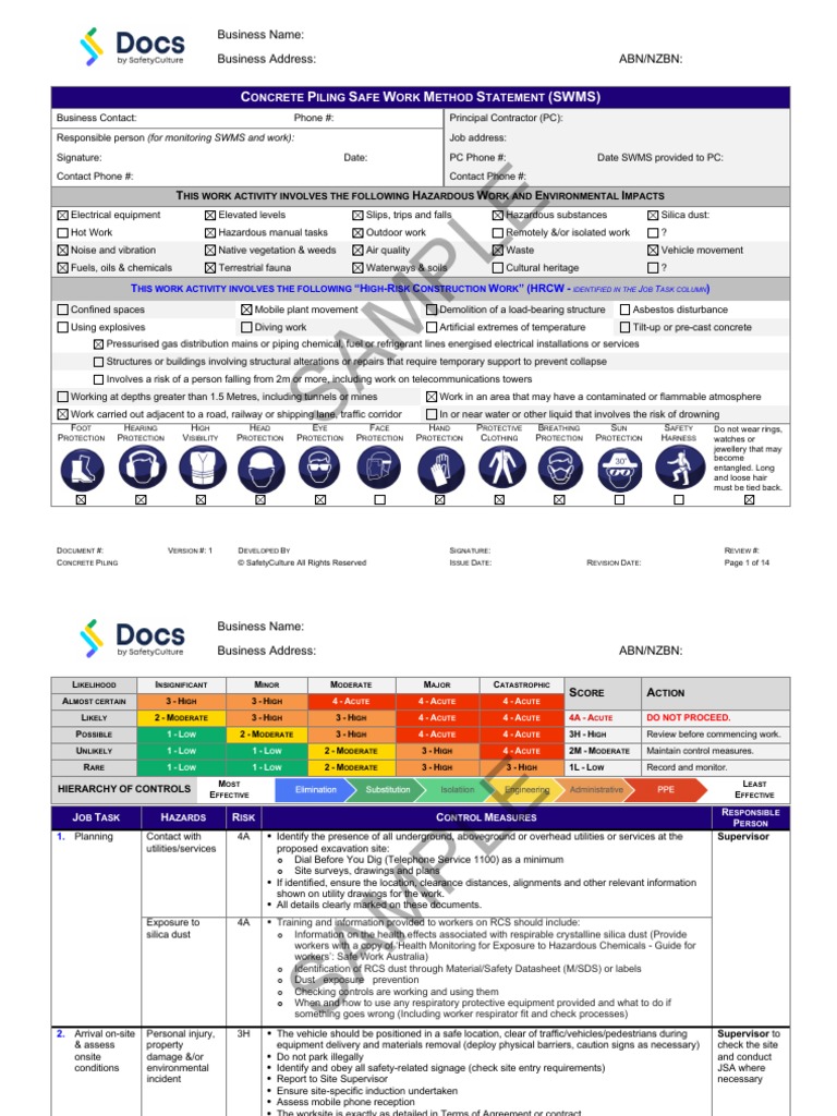 Concrete Piling SWMS 10612-3 - SAMPLE | PDF | Emergency | Personal ...