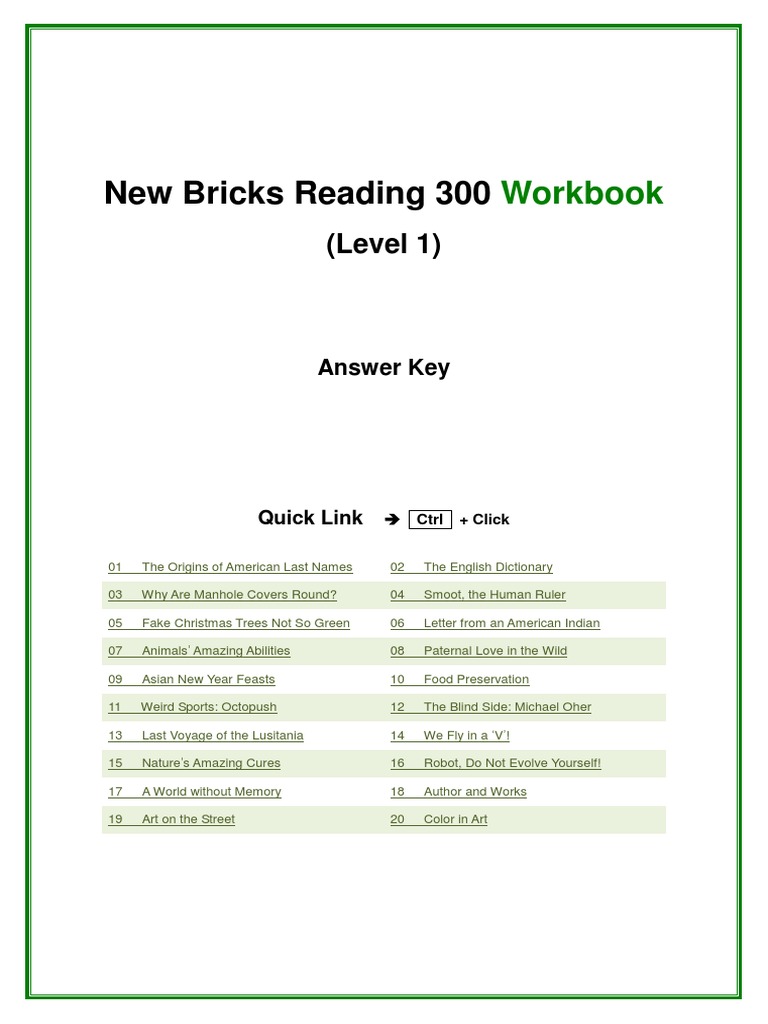 New Bricks Reading 300 Lv. 1 - Answer Key (WB) | PDF