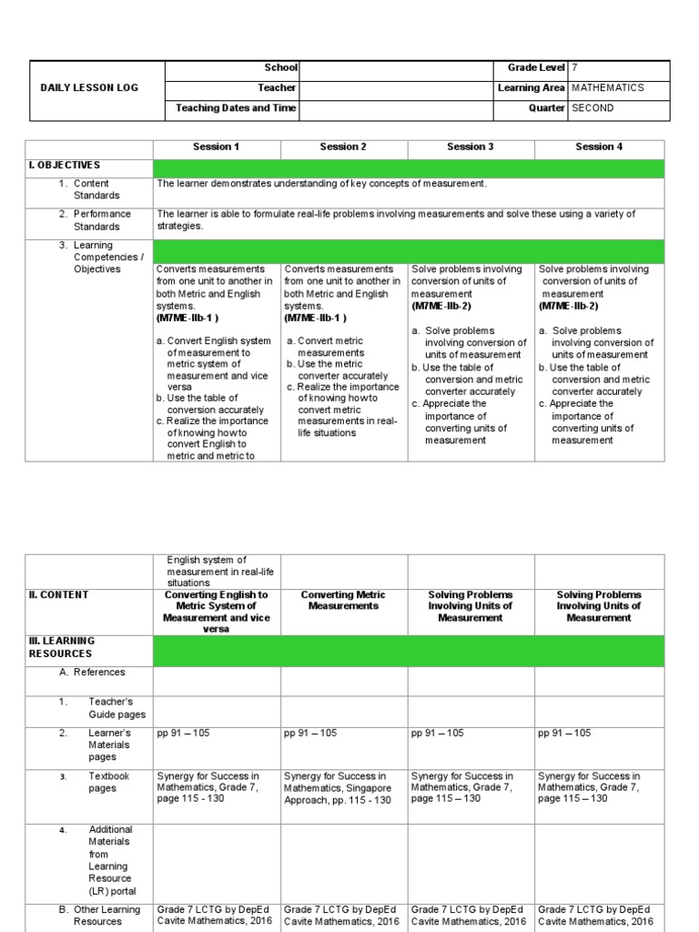 Daily Lesson Log School Grade Level 7 Teacher Learning Area MATHEMATICS ...