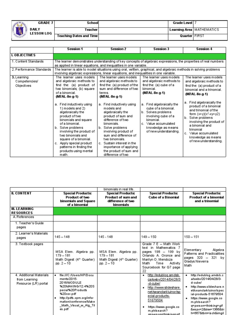 Grade 7 Daily Lesson Log School Grade Level 7 Teacher Learning Area ...