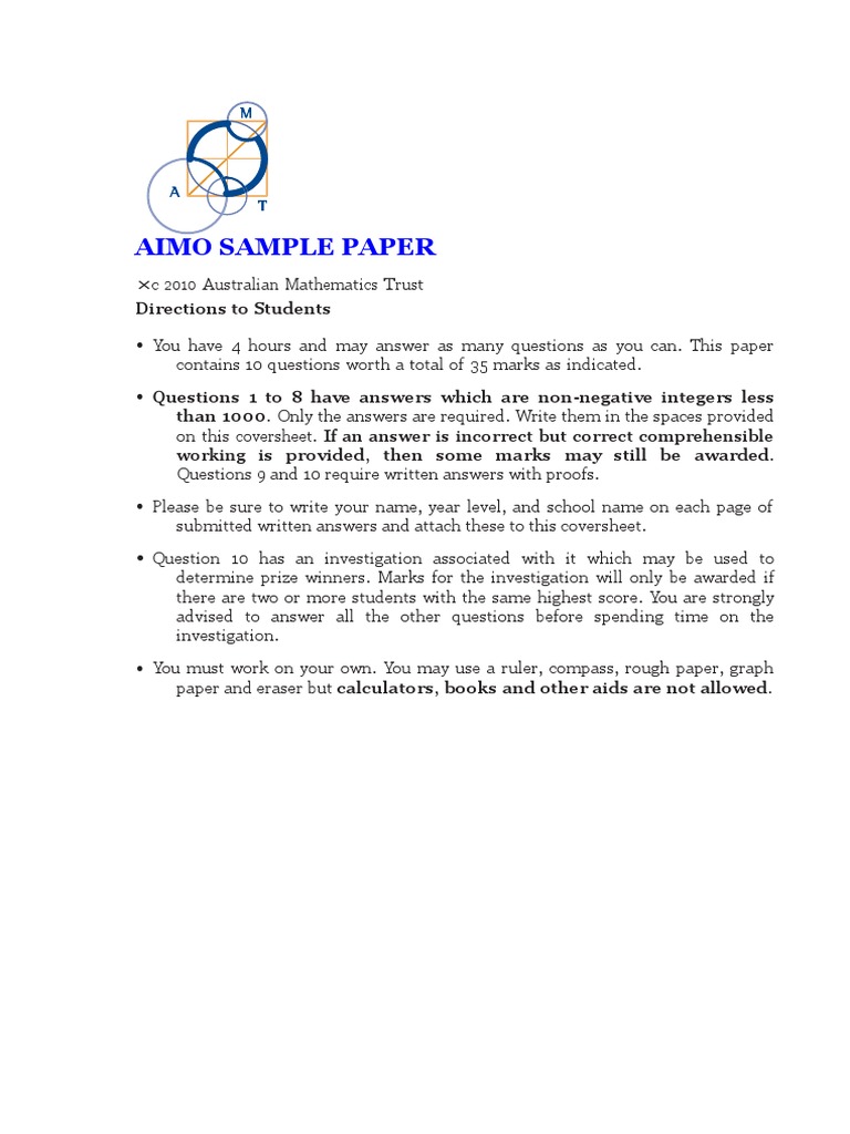 Aimo Sample Paper: ×C 2010 Australian Mathematics Trust | PDF | Number ...