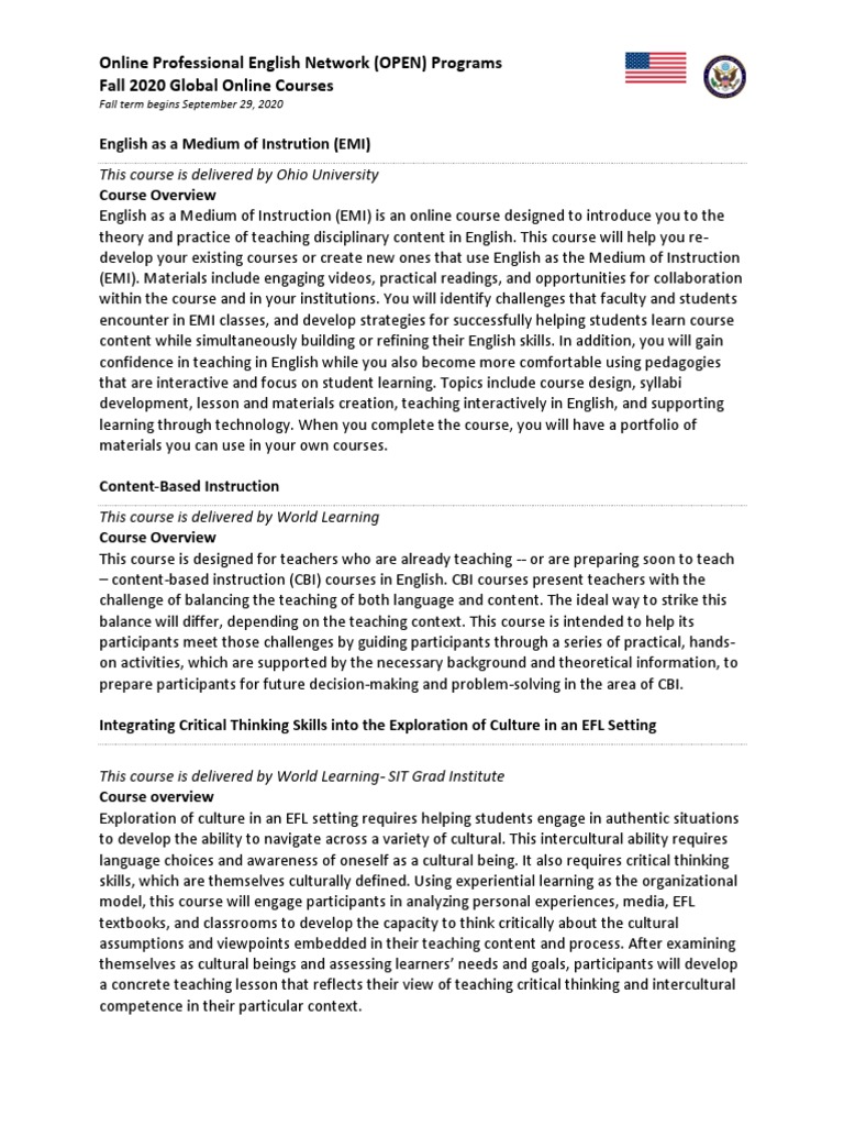 OPEN Fall 2020 Course Descriptions | PDF | English As A Second Or ...
