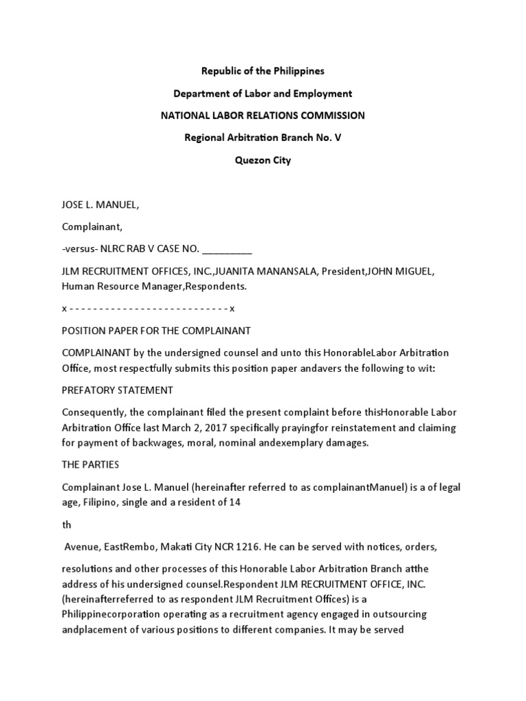 Sample Constructive Dismissal Position Paper | PDF | Metro Manila ...