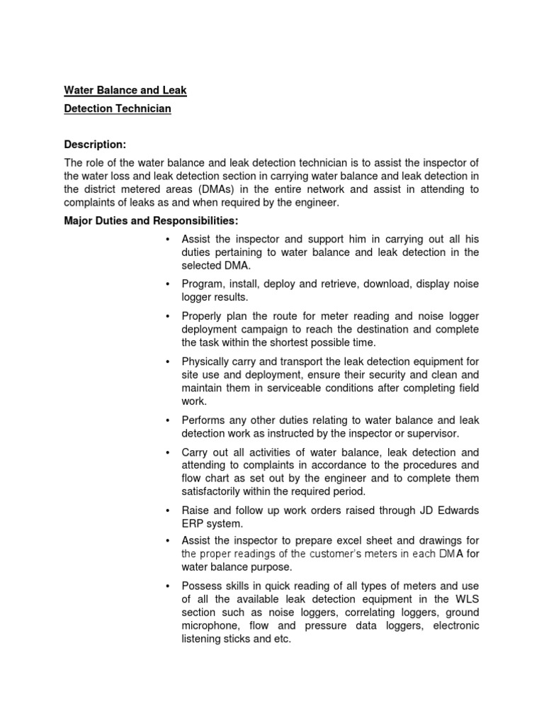 8.water Balance and Leak Detection Technician Job | PDF | Leak | Water