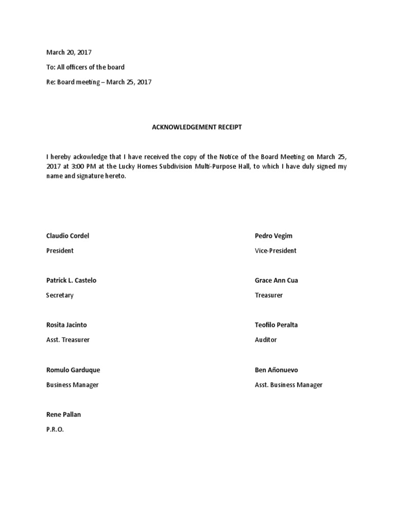 Acknowledgement Receipt - Board Meeting | PDF