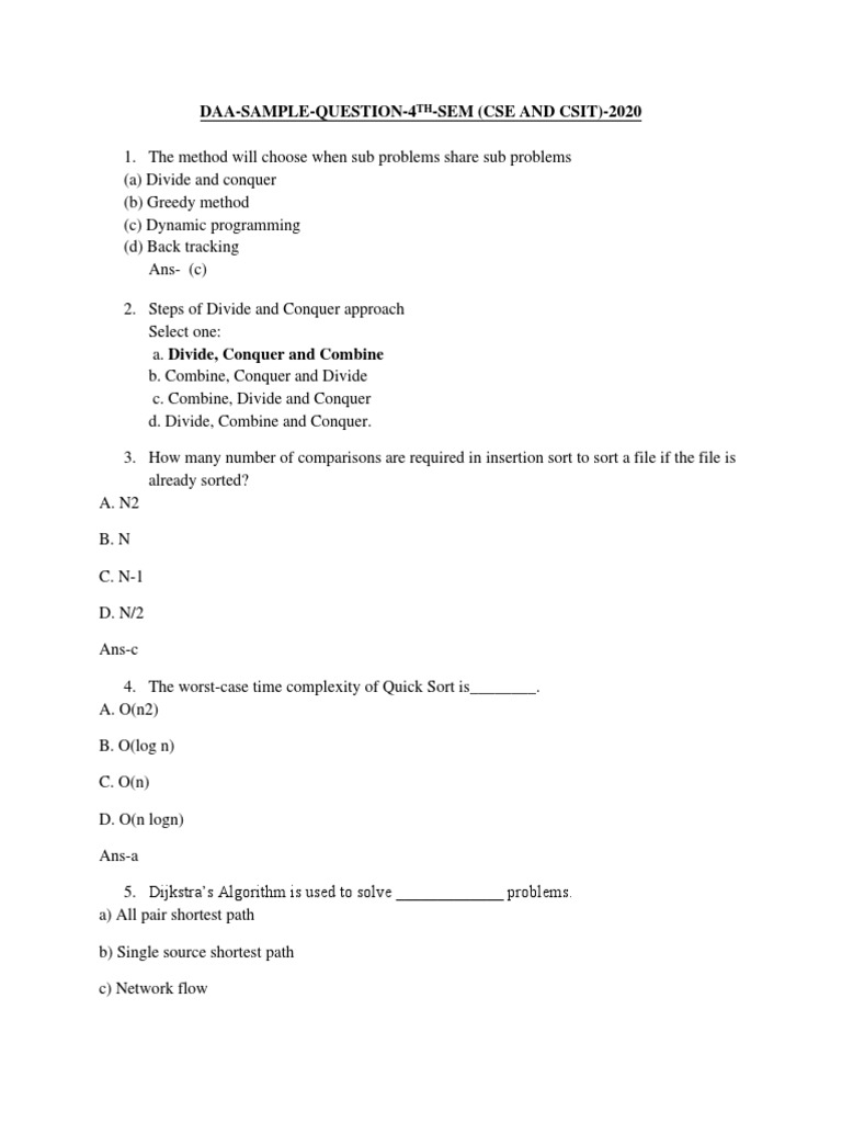 Daa MCQ - Sample-2020 PDF | PDF | Dynamic Programming | Algorithms Daa MCQ - Sample-2020 PDF | PDF | Dynamic Programming | Algorithms