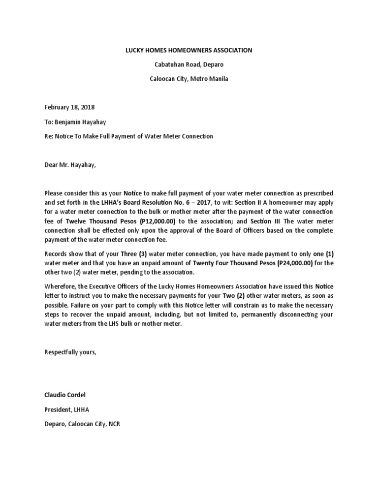 Demand Letter - Full Payment of Water Connection | PDF