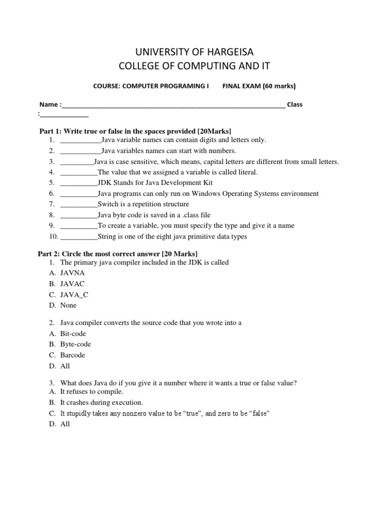 Final Exam Comp Prog 1 2020 PDF | PDF | Integer (Computer Science) | Java (Programming Language)