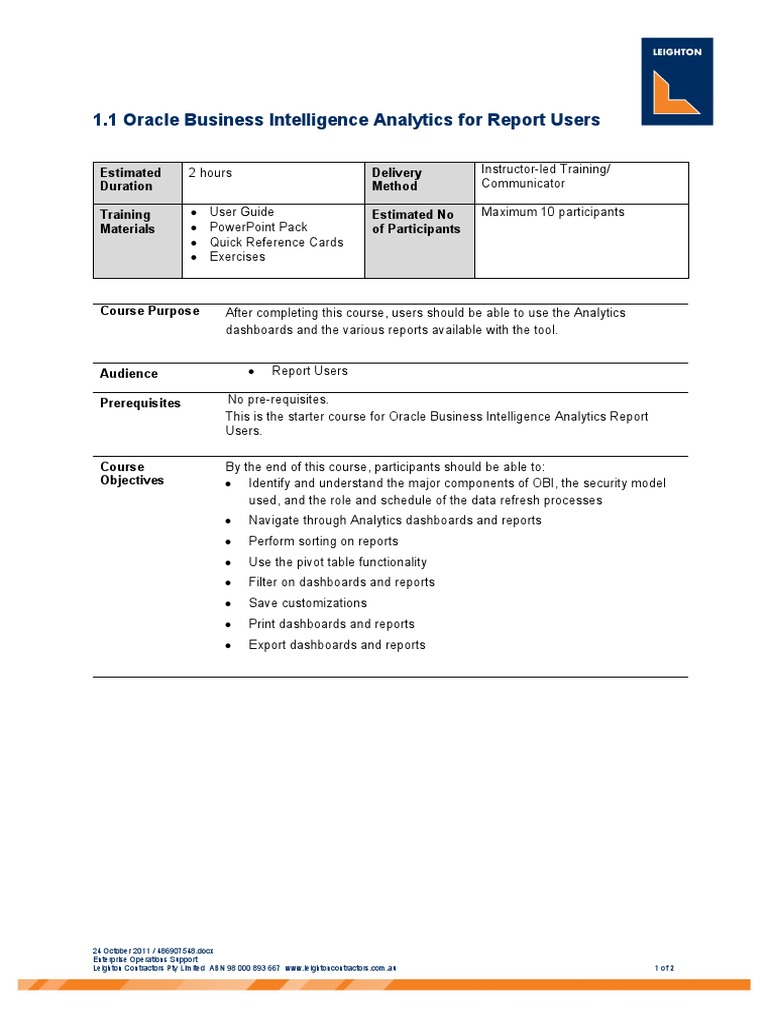 Oracle BI Analytics Training for Users | PDF | Analytics | Business ...
