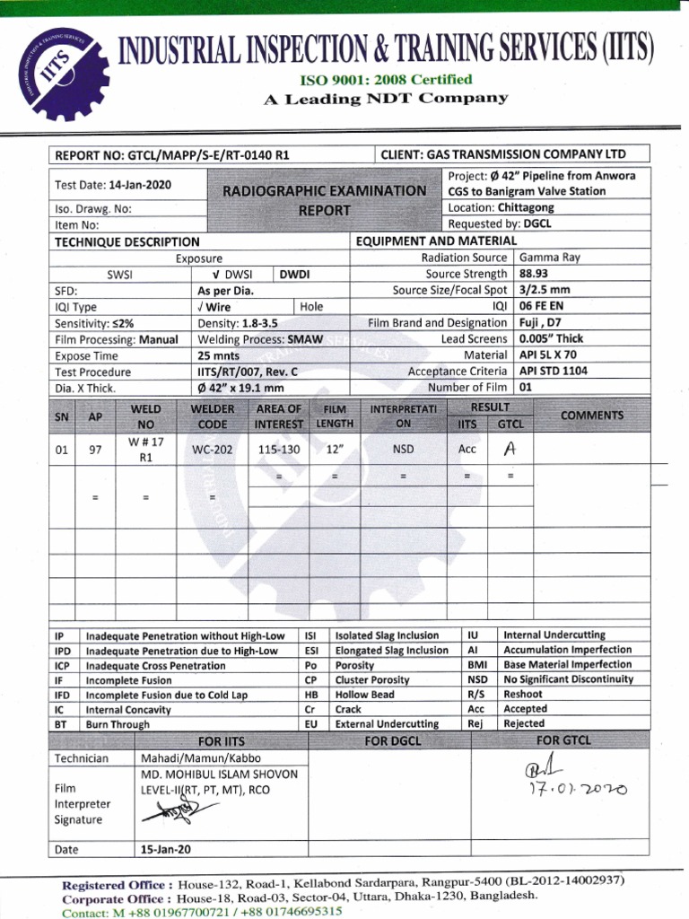 Analysis of Radiographic Testing Report for 42-Inch Gas Transmission ...