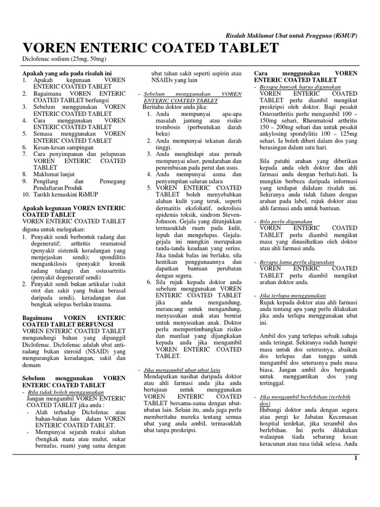 Voren Enteric Coated Tablet Diclofenac Sodium YSP INDUSTRIES M SDN BHD ...
