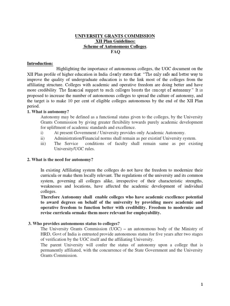 University Grants Commission XII Plan Guidelines: Scheme of Autonomous ...