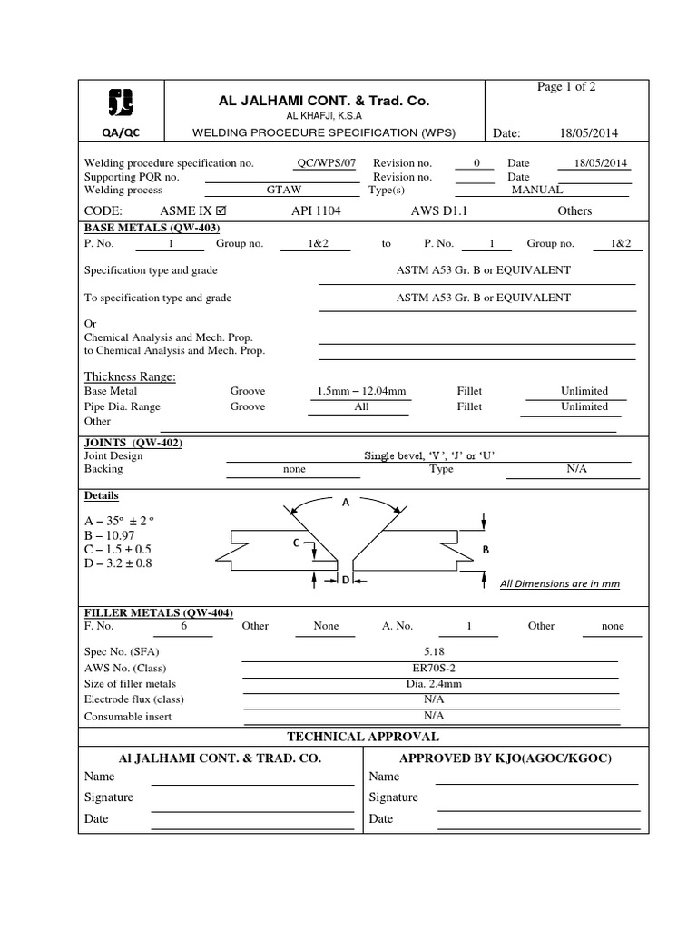 Welding Procedure Specification for Gas Tungsten Arc Welding of ASTM ...